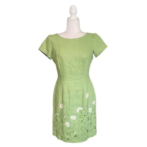 Vintage | Dresses | Marie St Claire 0 Linen Green White Daisy Pencil ...